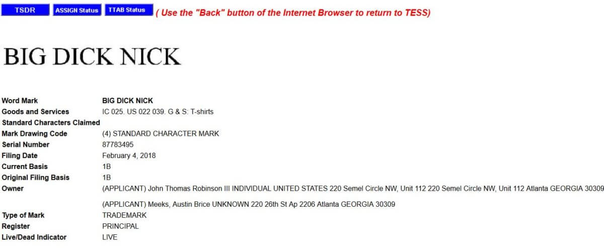 BIG DICK NICK Trademark Application Filed for T-Shirts!